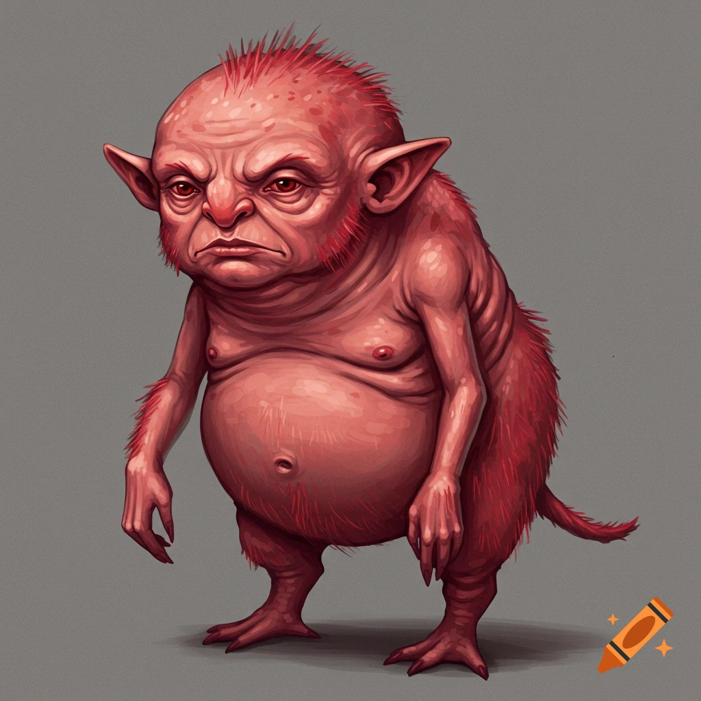 Illustration of a grumpy red fantasy creature with large ears and a ...