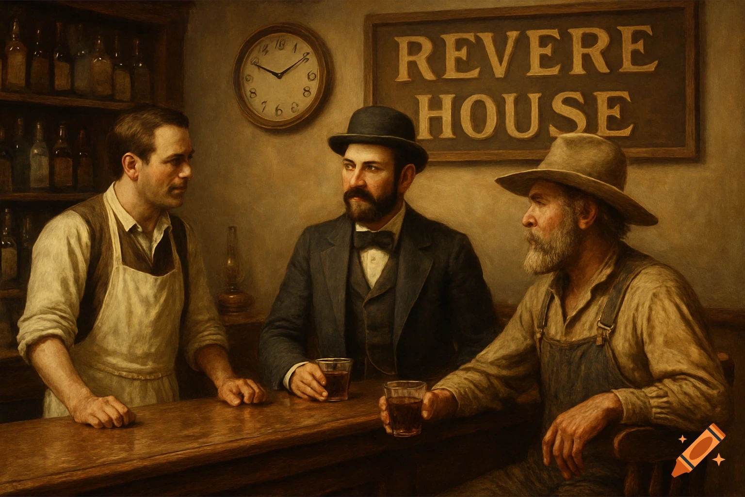 Three men, including a bartender, drinking at a bar below a 'Revere ...