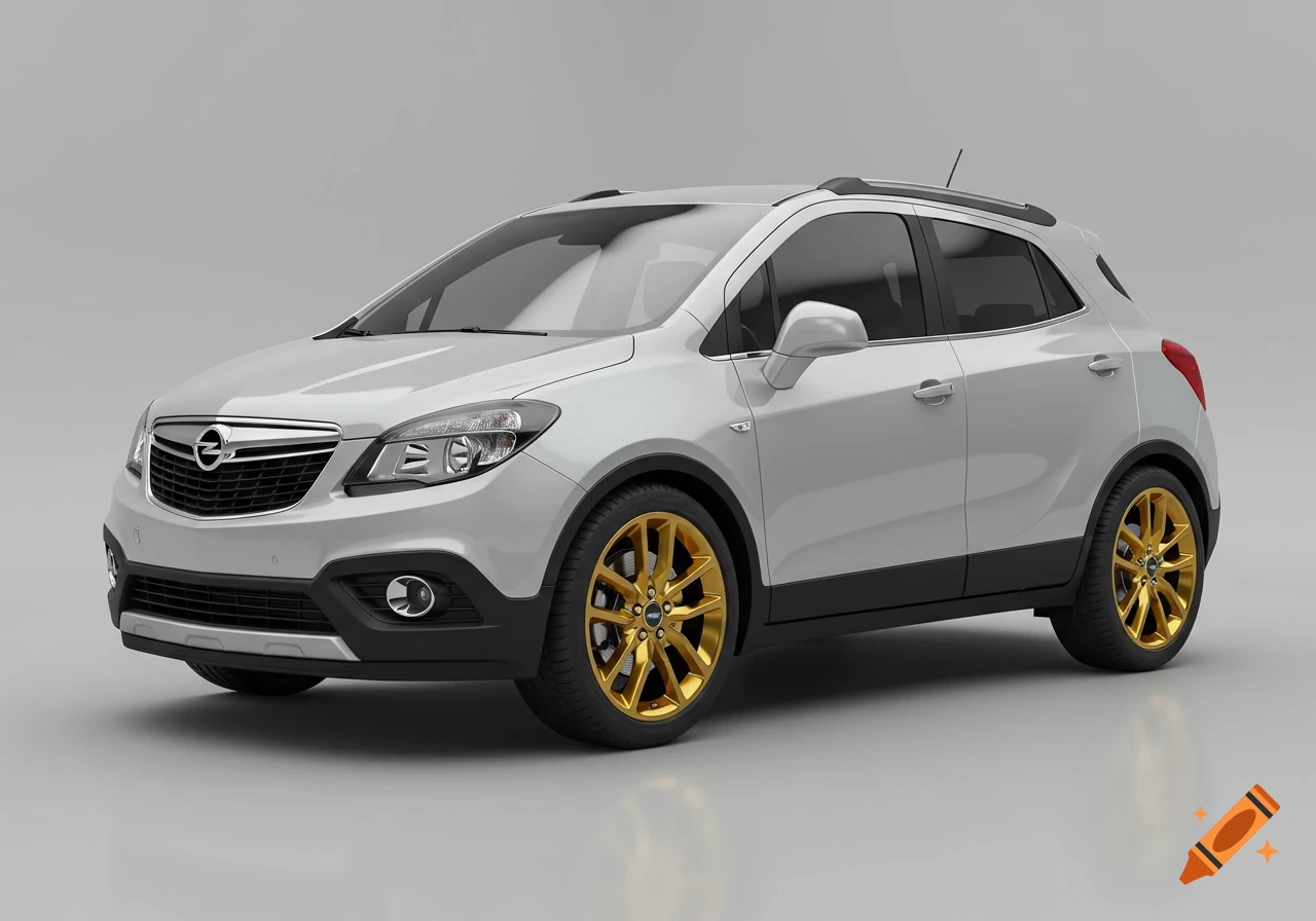 Silver Opel Mokka car with gold wheels parked on a gray surface, 3/4 ...