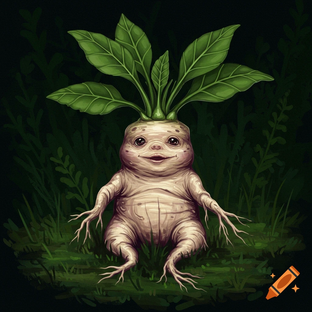A small, root-like fantasy creature with leaves on its head sits ...