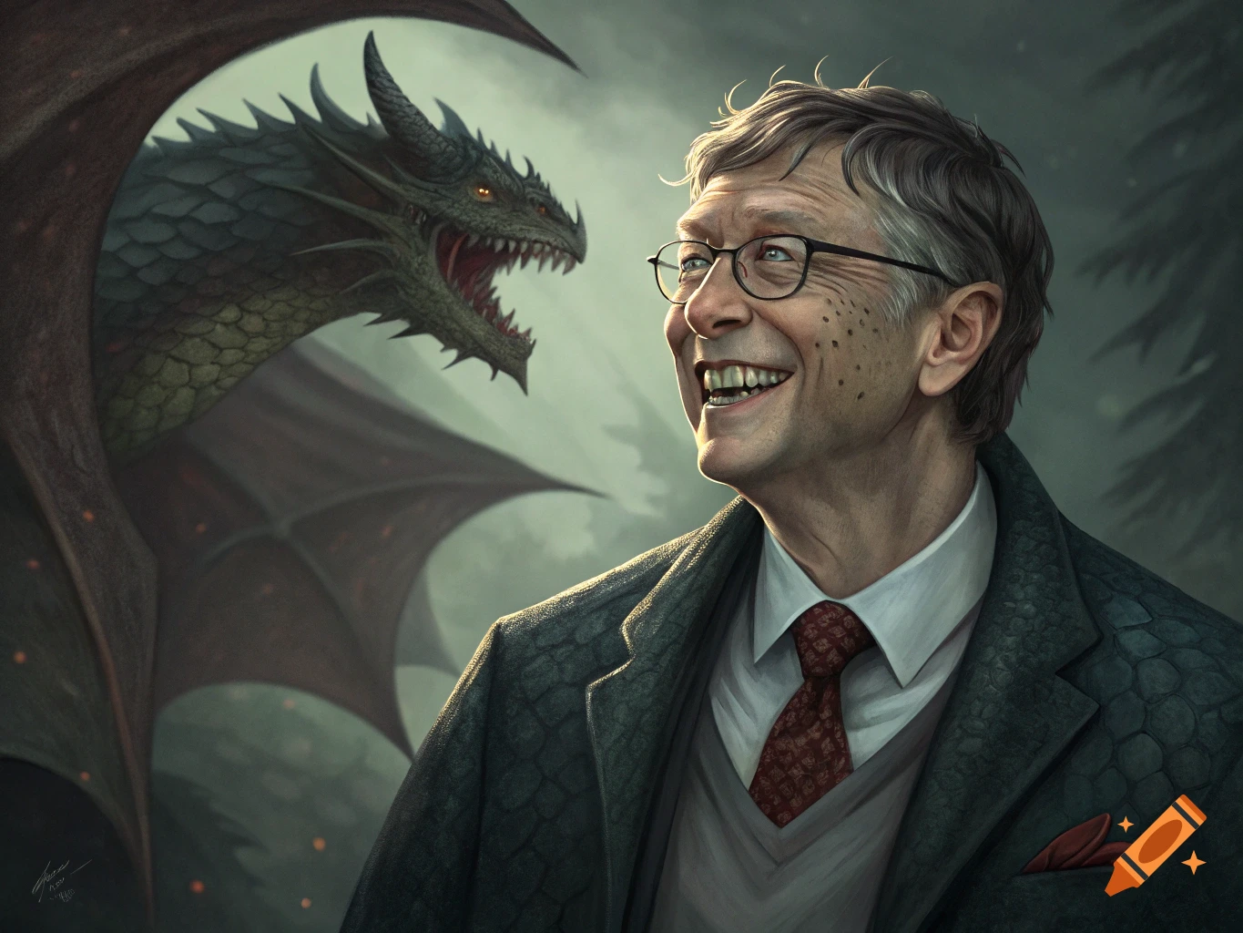 Fantasy portrait of Bill Gates with reptile skin and fangs, smiling at ...
