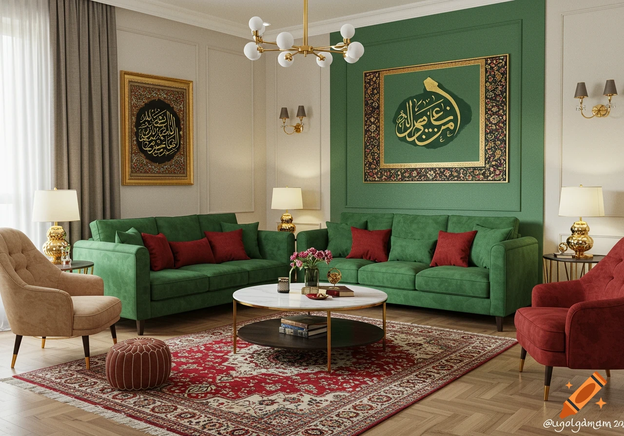 Elegant living room with green sofas, red pillows, a traditional red ...
