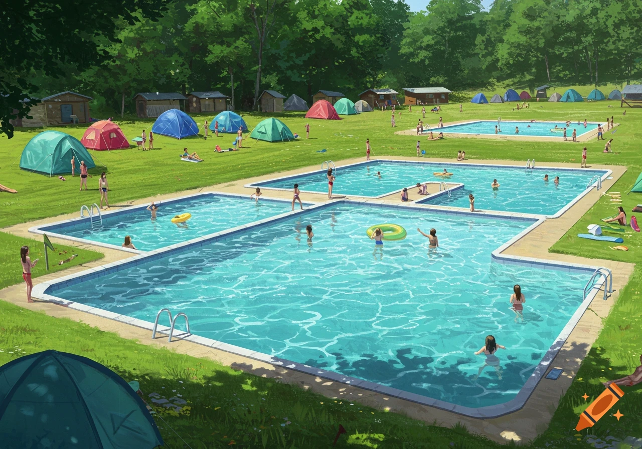 Stylized illustration of a large summer camp with multiple swimming pools and people swimming ...