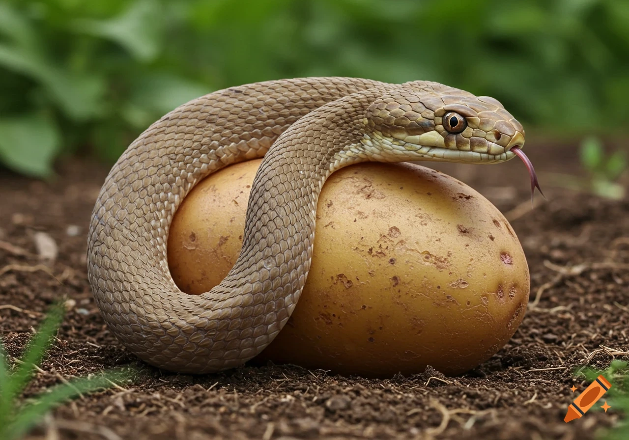 A snake is curled around a large potato on the ground in a realistic ...