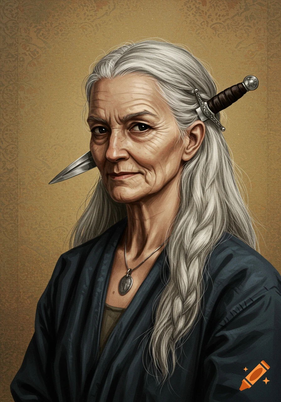 A digital painting portrait of an older woman with a dagger in her long ...