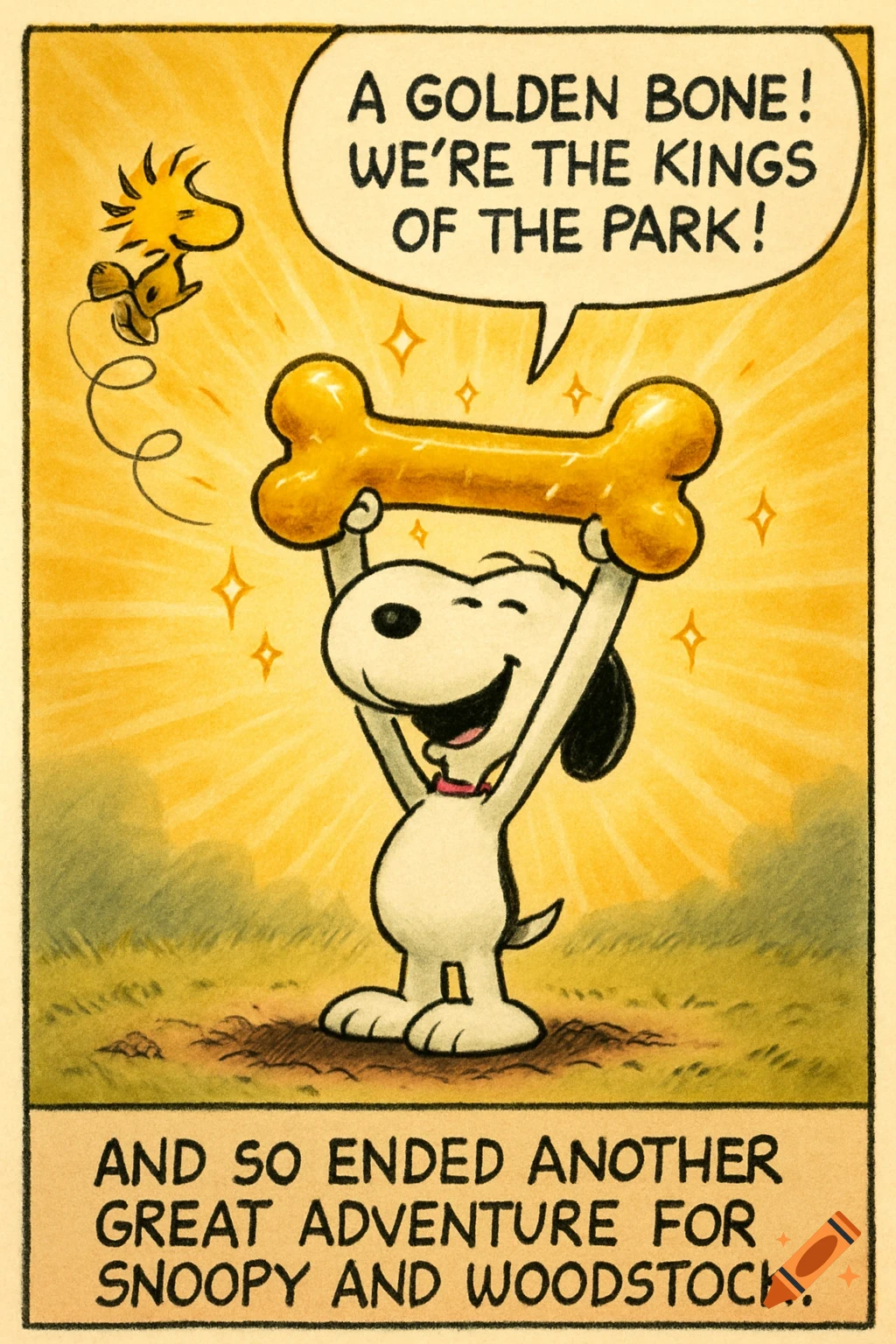 Snoopy holds a golden bone aloft like a trophy while Woodstock flies ...