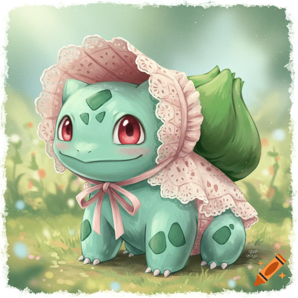 An illustration of Bulbasaur wearing a pink lace baby bonnet in a field ...