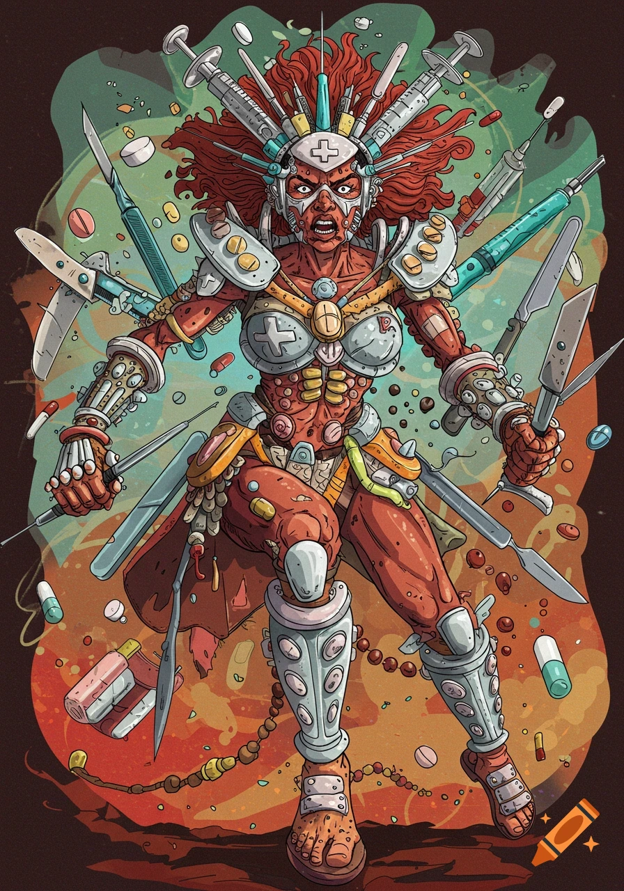 Illustration of a grotesque warrior figure made of skin and medical ...