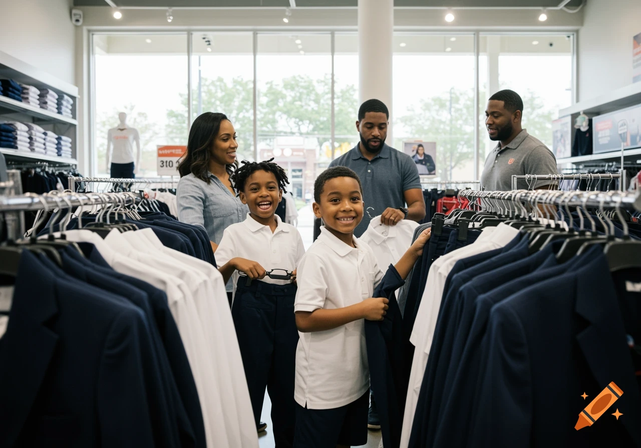 A family, including two young boys, shop for school uniforms in a ...