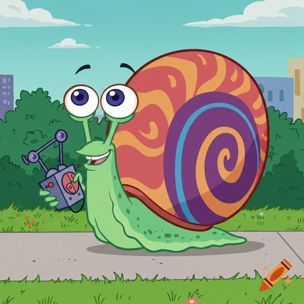 A cartoon snail with big eyes and a colorful shell walks on a sidewalk ...