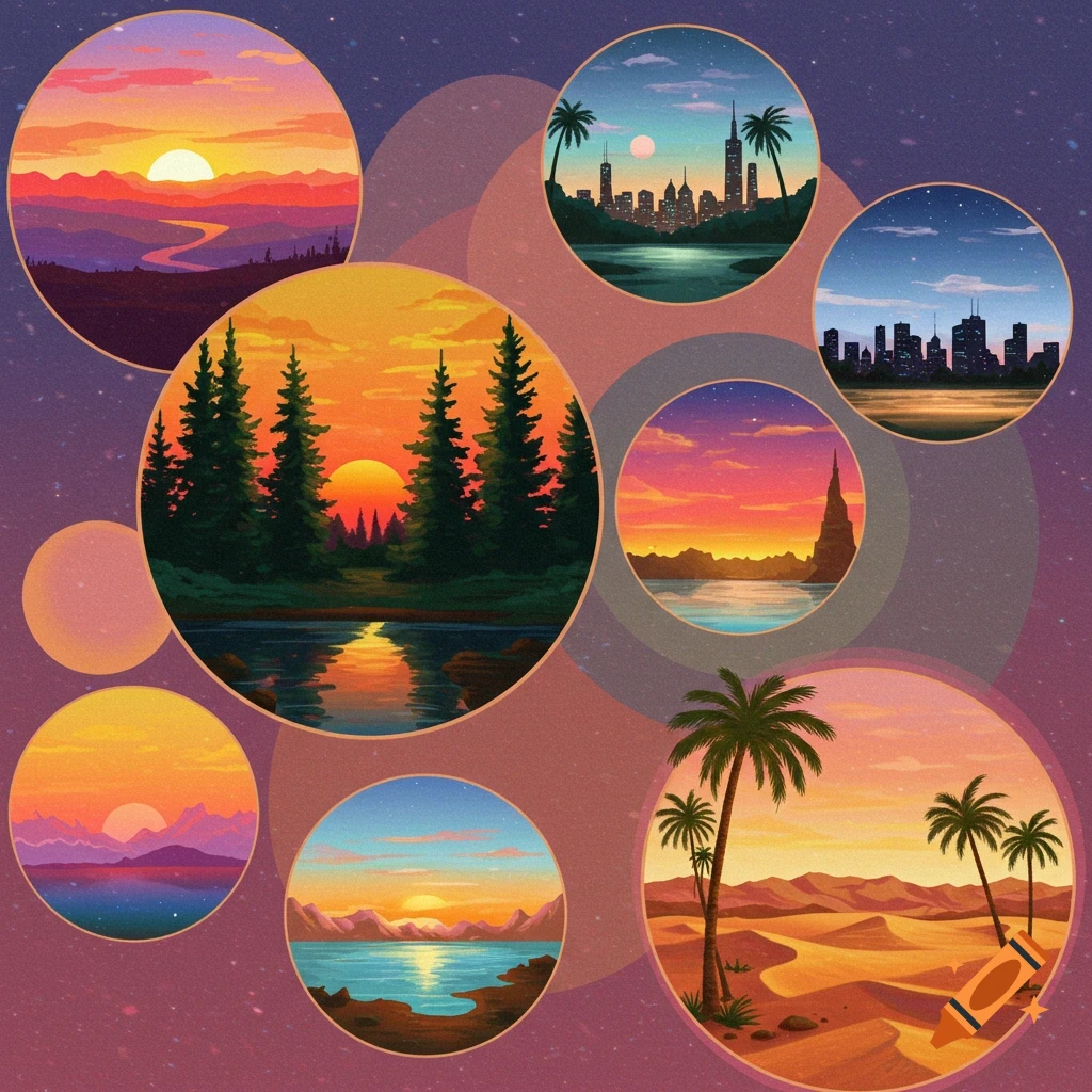 A collage of circular scenes showing various landscapes at sunset and ...