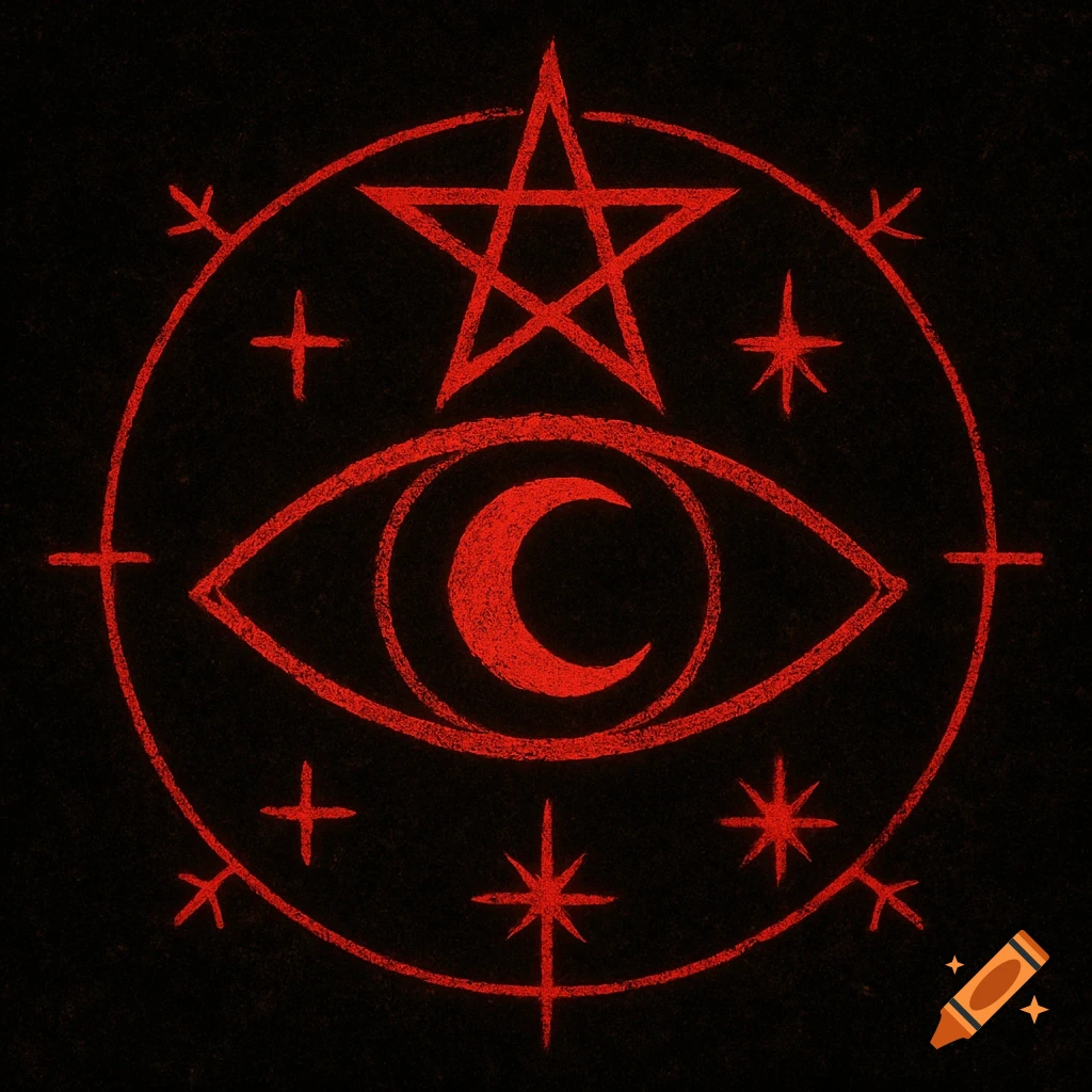 Red occult symbol with pentagram, eye, crescent moon, and stars on ...