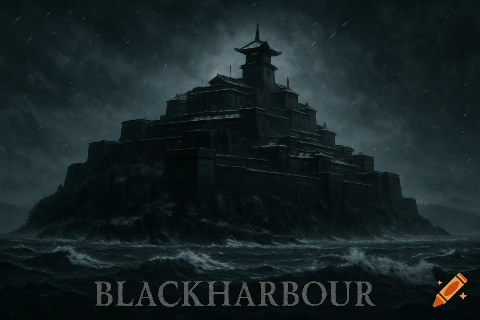 Dark, layered fortress with Japanese architecture on a stormy island ...