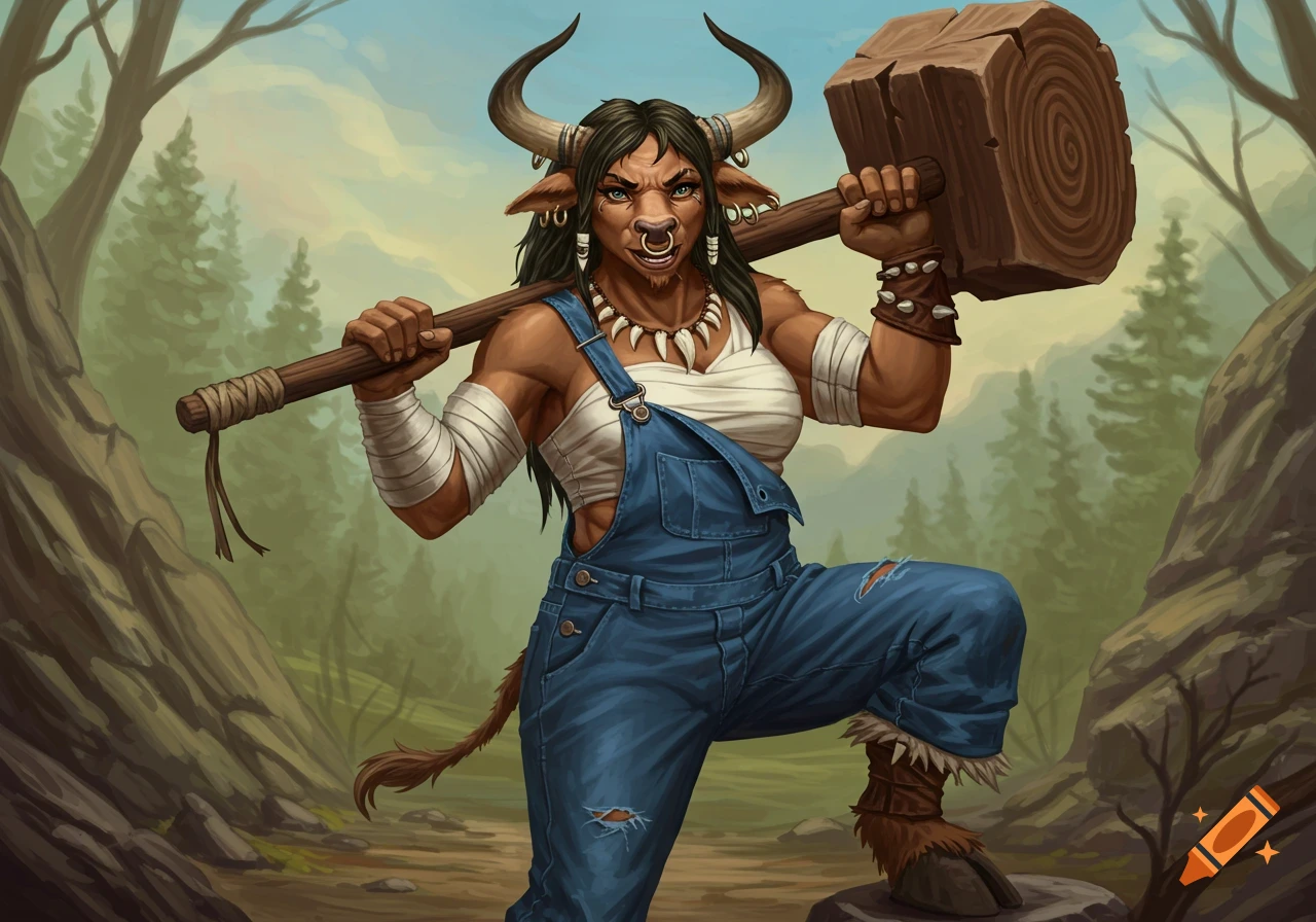 A strong female minotaur in overalls holds a large wooden mace on her ...