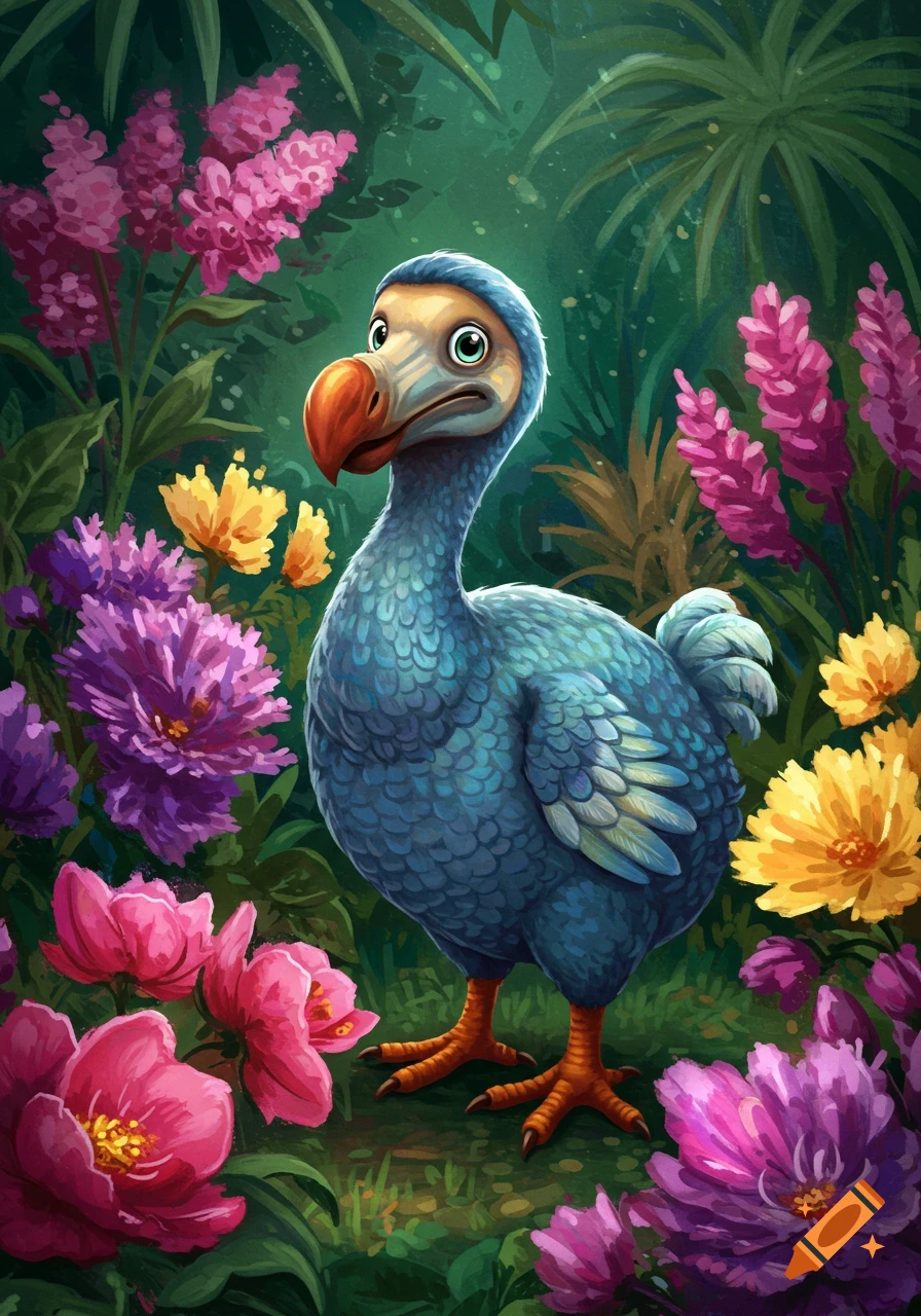 A blue dodo bird stands among colorful flowers and green foliage in an ...