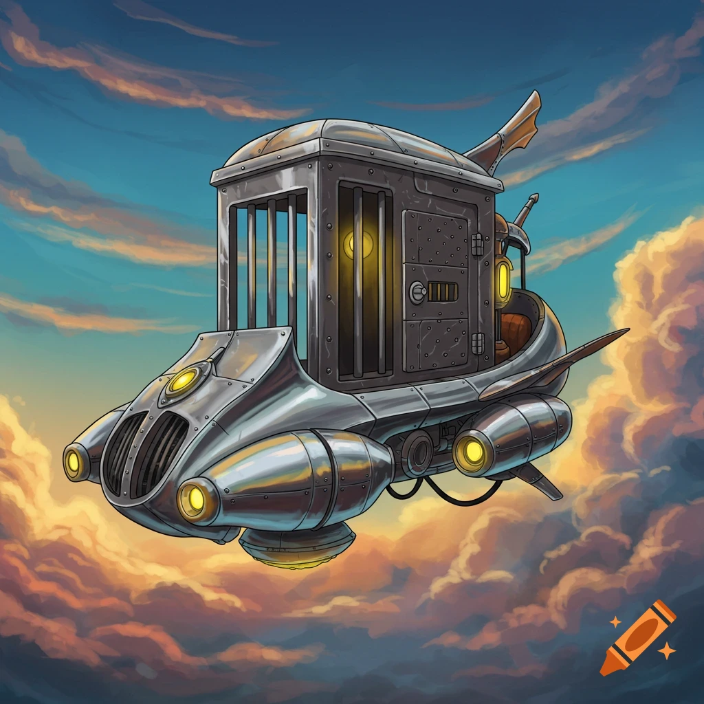 A stylized fantasy flying vehicle with a cage in a cloudy sky. on Craiyon