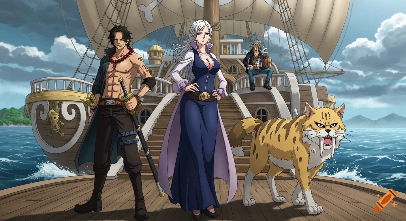 Anime illustration of Ace, Yamato, and a sabertooth cat on a ship deck ...