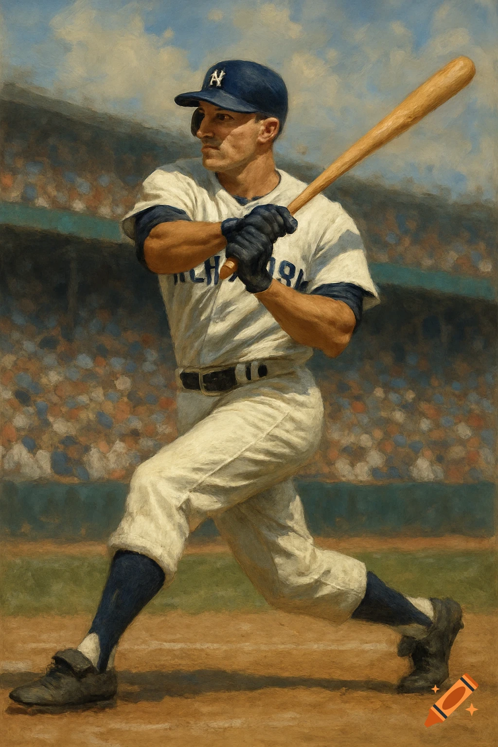 Painterly portrait of a baseball player swinging a bat in a stadium. on ...