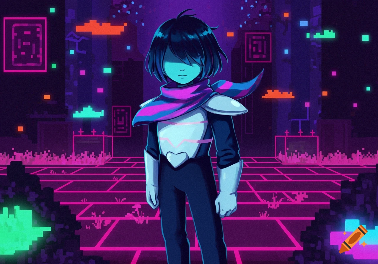 Kris from Deltarune stands in a neon pixel art landscape. on Craiyon