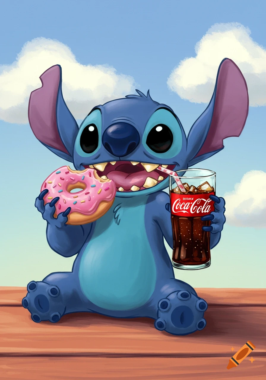 Cartoon Stitch eating a pink donut and drinking soda from a glass on ...