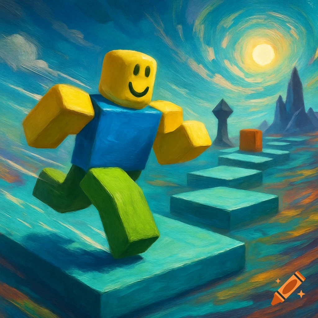 Roblox character running on platform steps in a painterly landscape ...