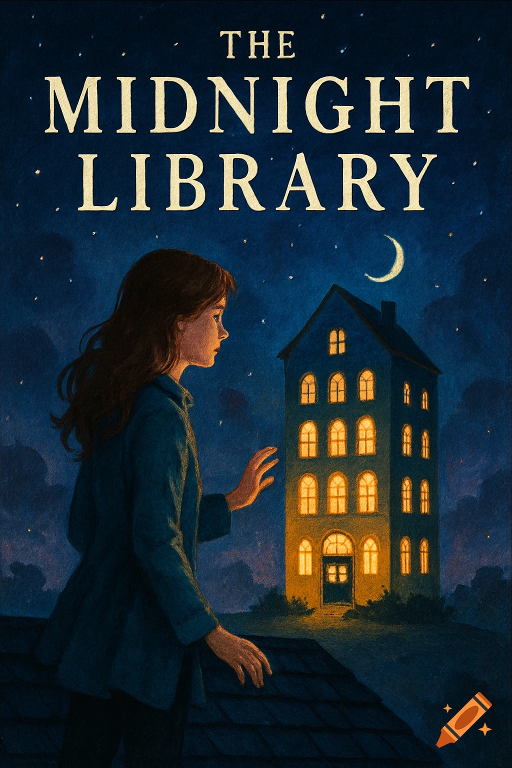 Illustration of a girl looking at a glowing library building at night ...