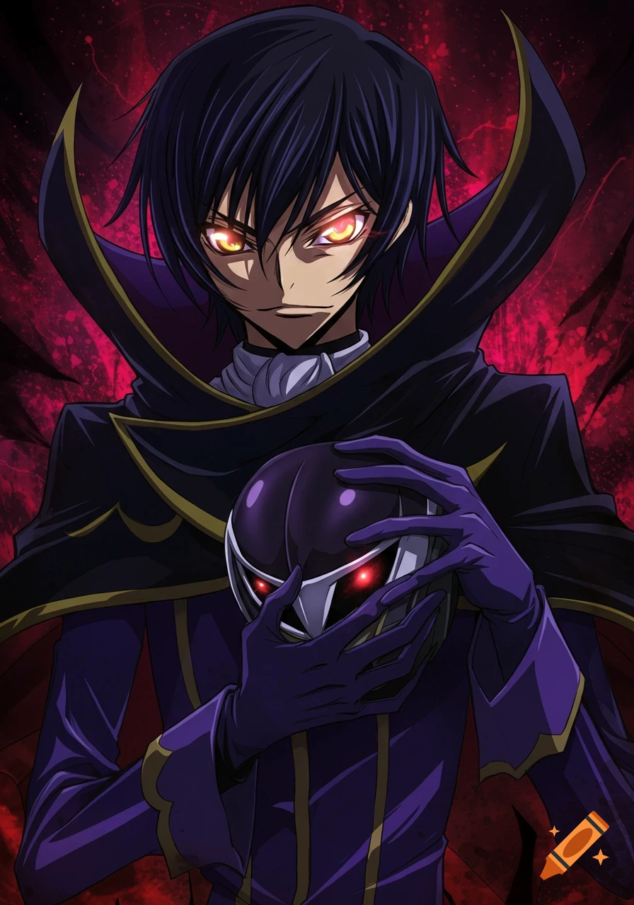An anime character in a black cape and purple suit holds a dark mask ...