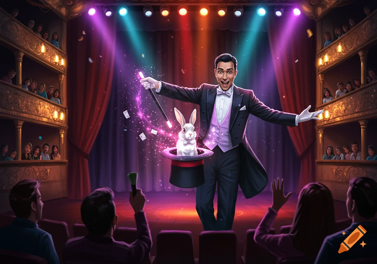 Magician pulls a white rabbit from a top hat on stage in front of an ...