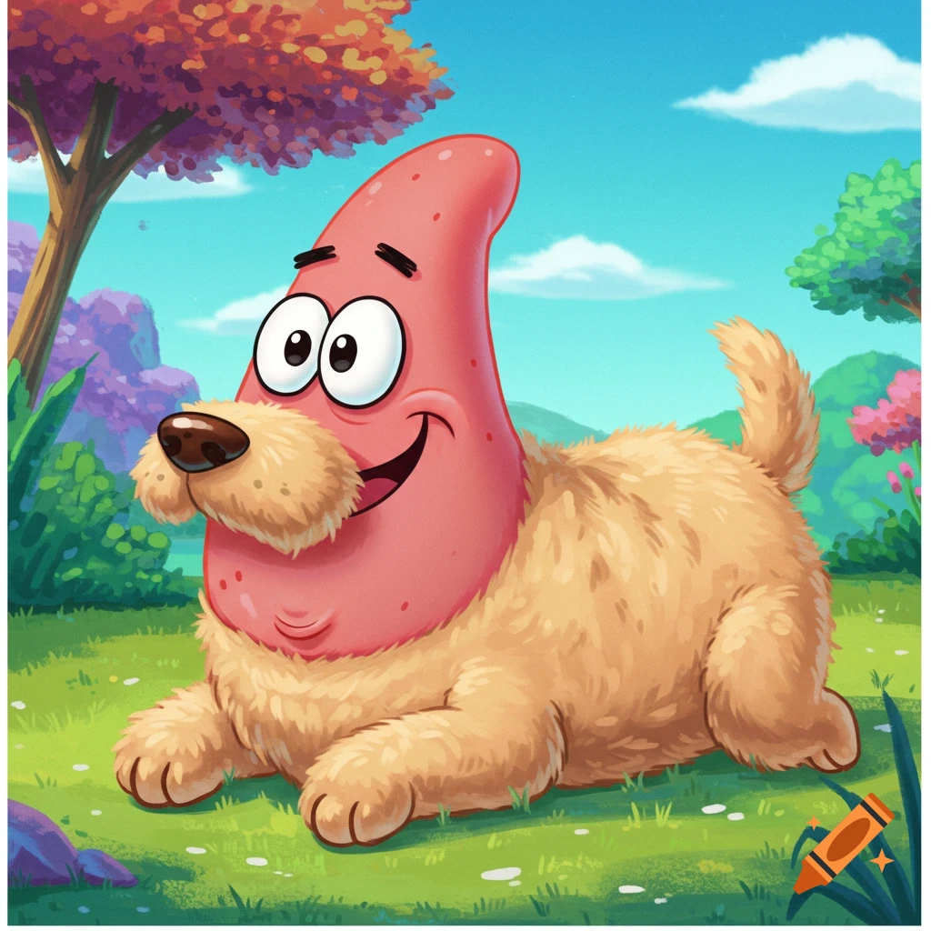 Patrick Star's head on a fluffy dog body lying in a vibrant cartoon ...