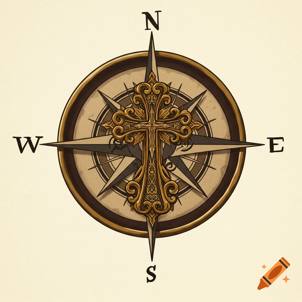 A vintage-style compass with a detailed golden Christian cross in place ...