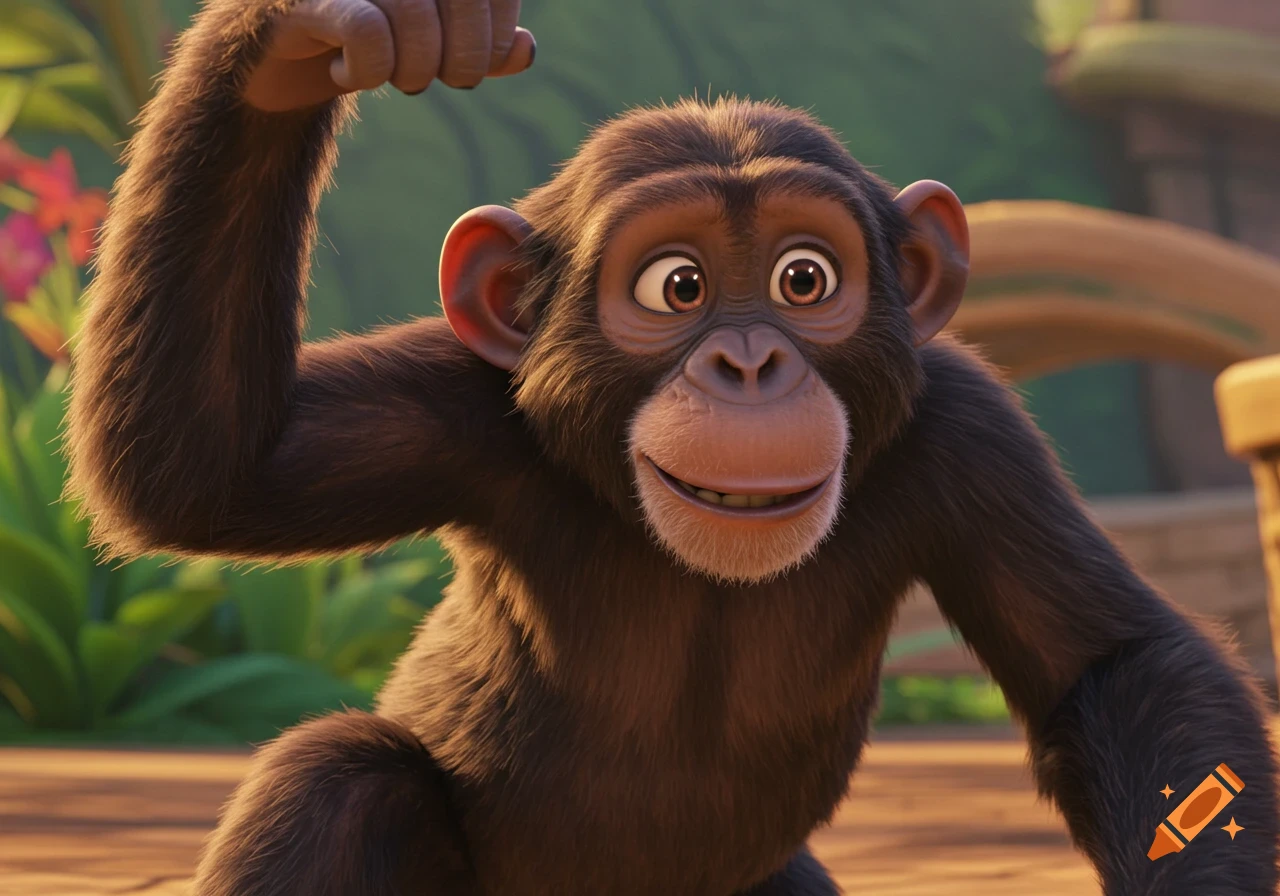 A cartoon chimpanzee flexing its arm in a jungle. on Craiyon