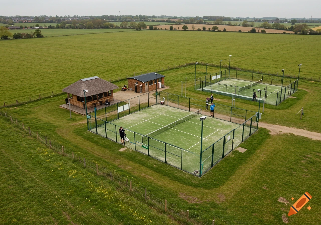 Aerial view of two padel courts and two buildings (cafe and changing ...