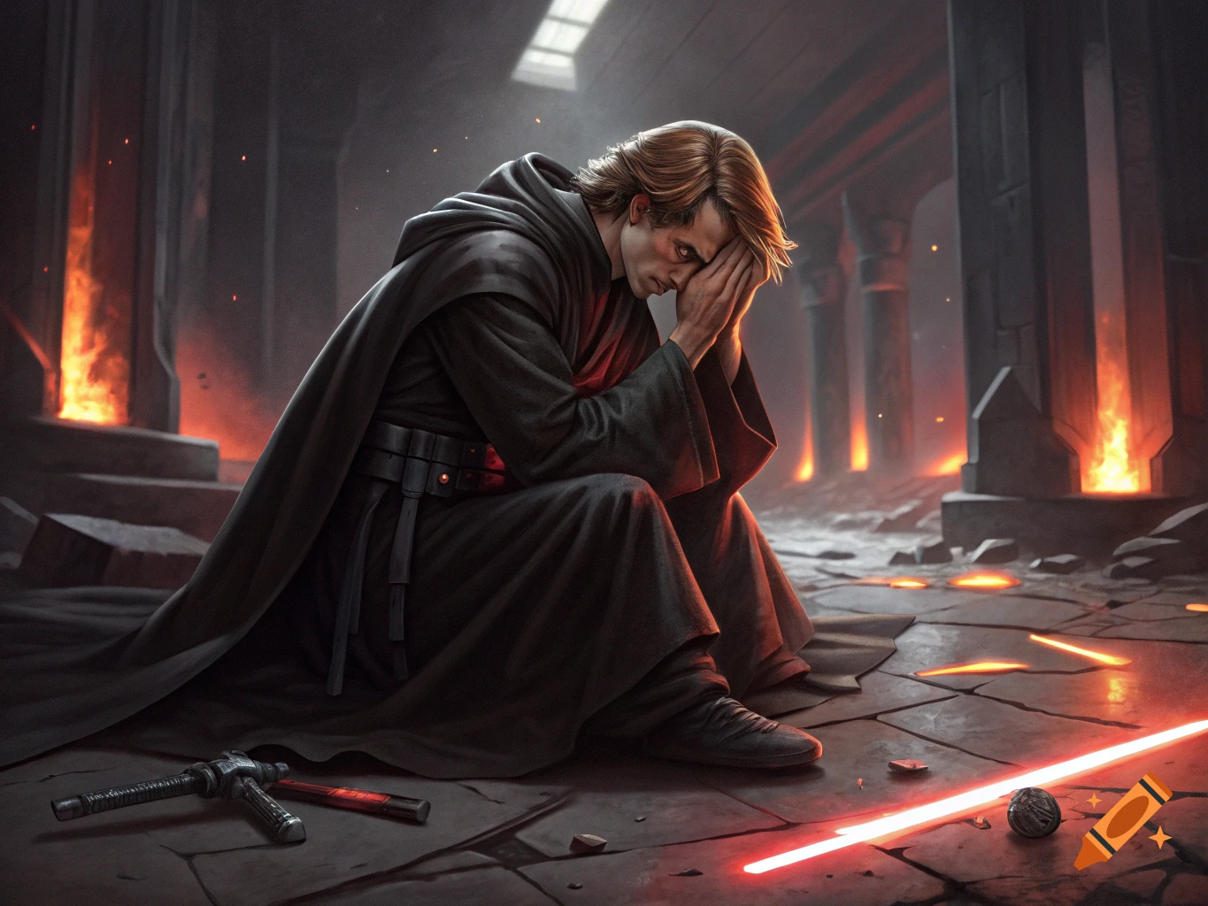 Anakin Skywalker sits crying in a ruined temple with hands on his face ...