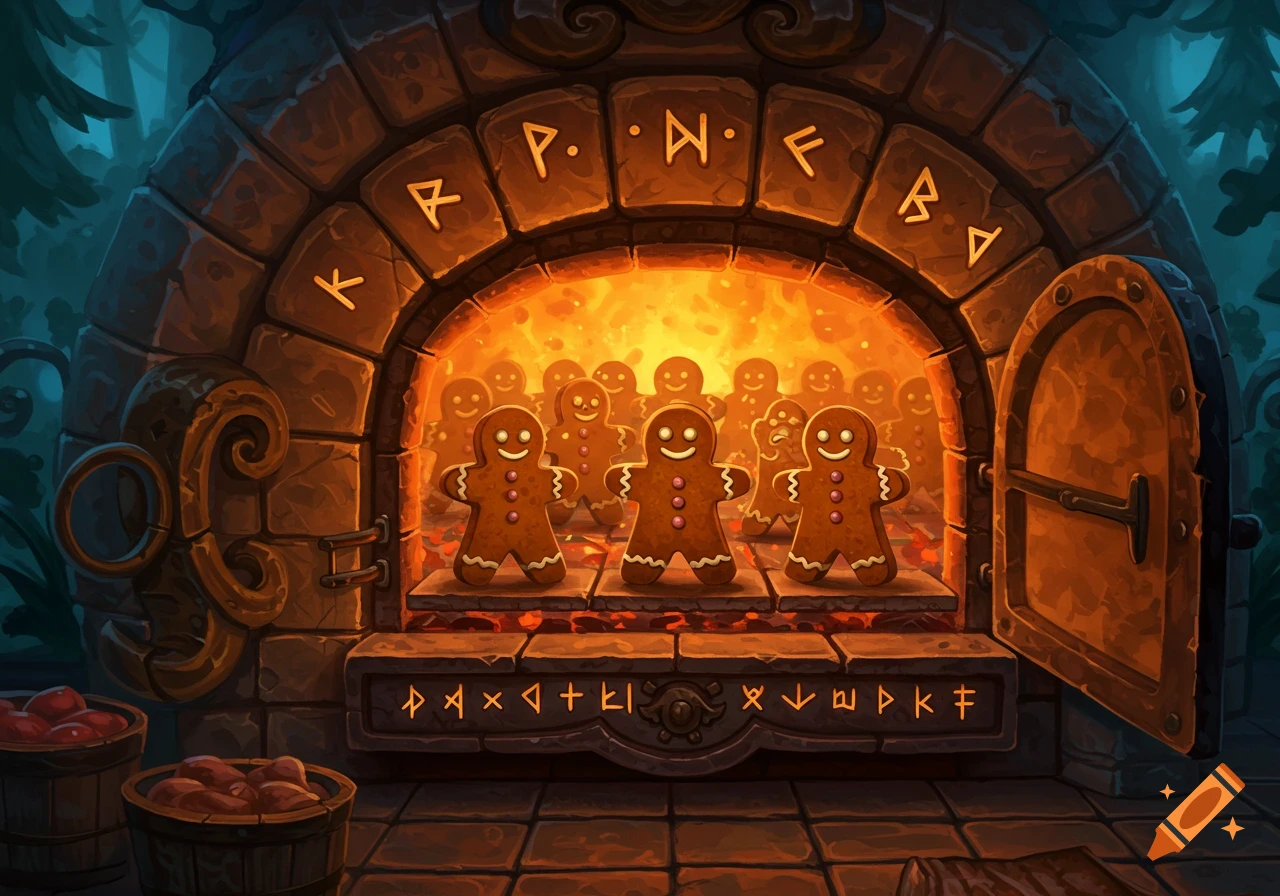 Fantasy art of gingerbread men inside a glowing stone oven with ...