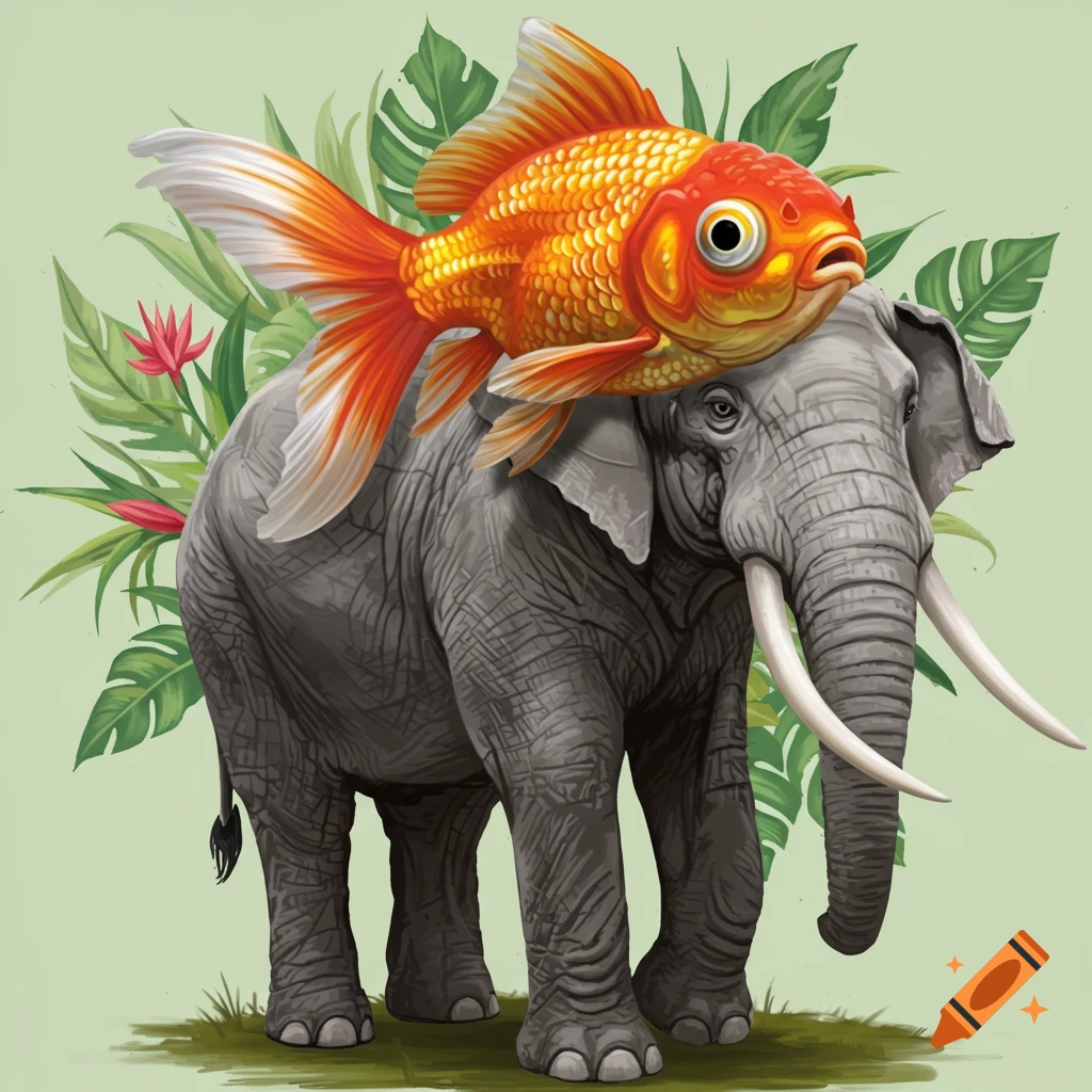 Illustration of a grey elephant with a large orange goldfish sitting on ...