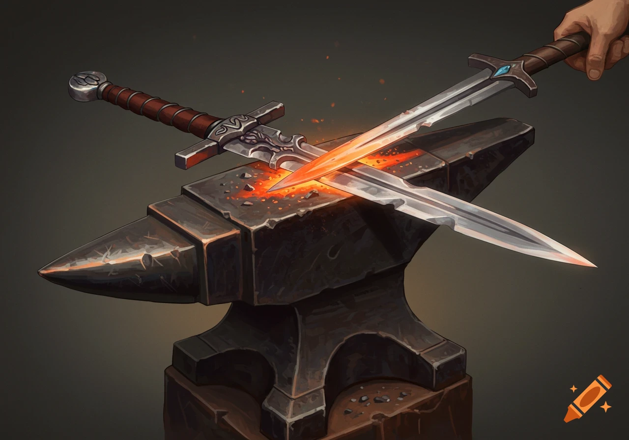 Two fantasy swords on an anvil, one heated blade held by a hand during ...