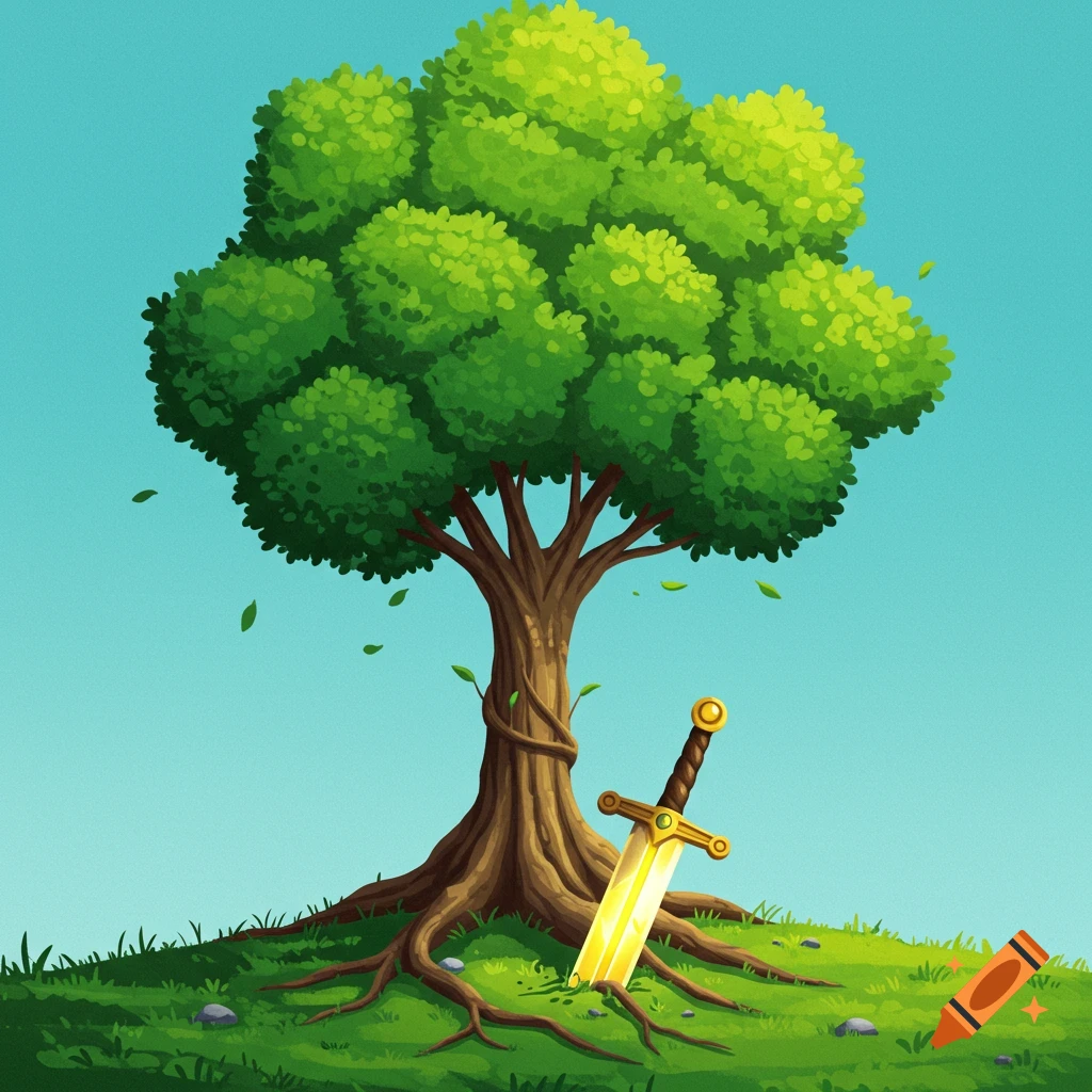 Stylized illustration of a tree with a golden sword buried in its roots ...