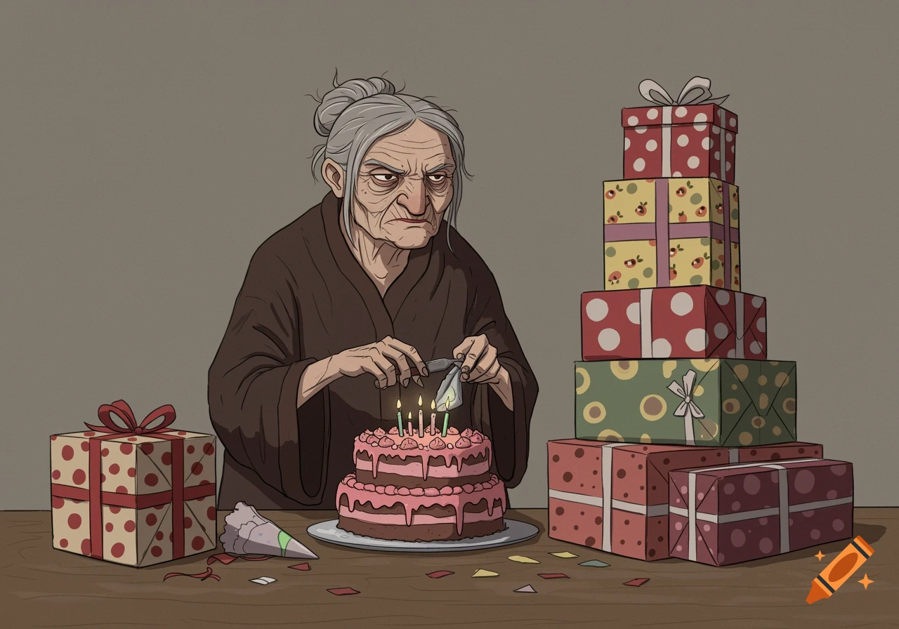 Grumpy old hag preparing a birthday cake and presents, illustration ...