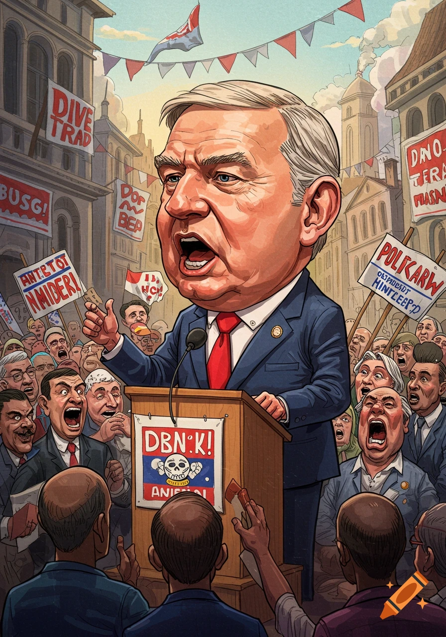 Political cartoon of a big-headed politician speaking at a rally to an ...