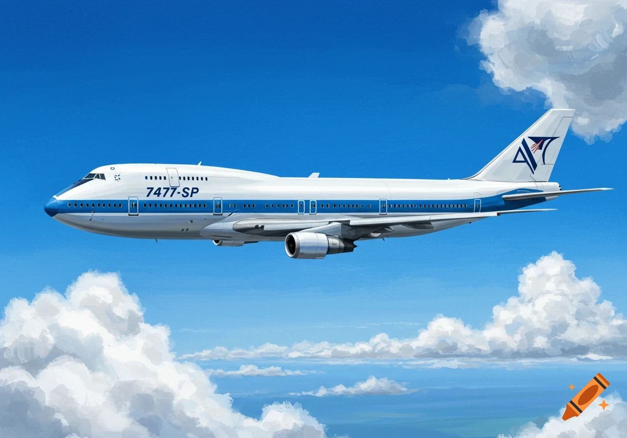 An illustration of a white and blue passenger jet resembling a 747 flying through a blue sky ...