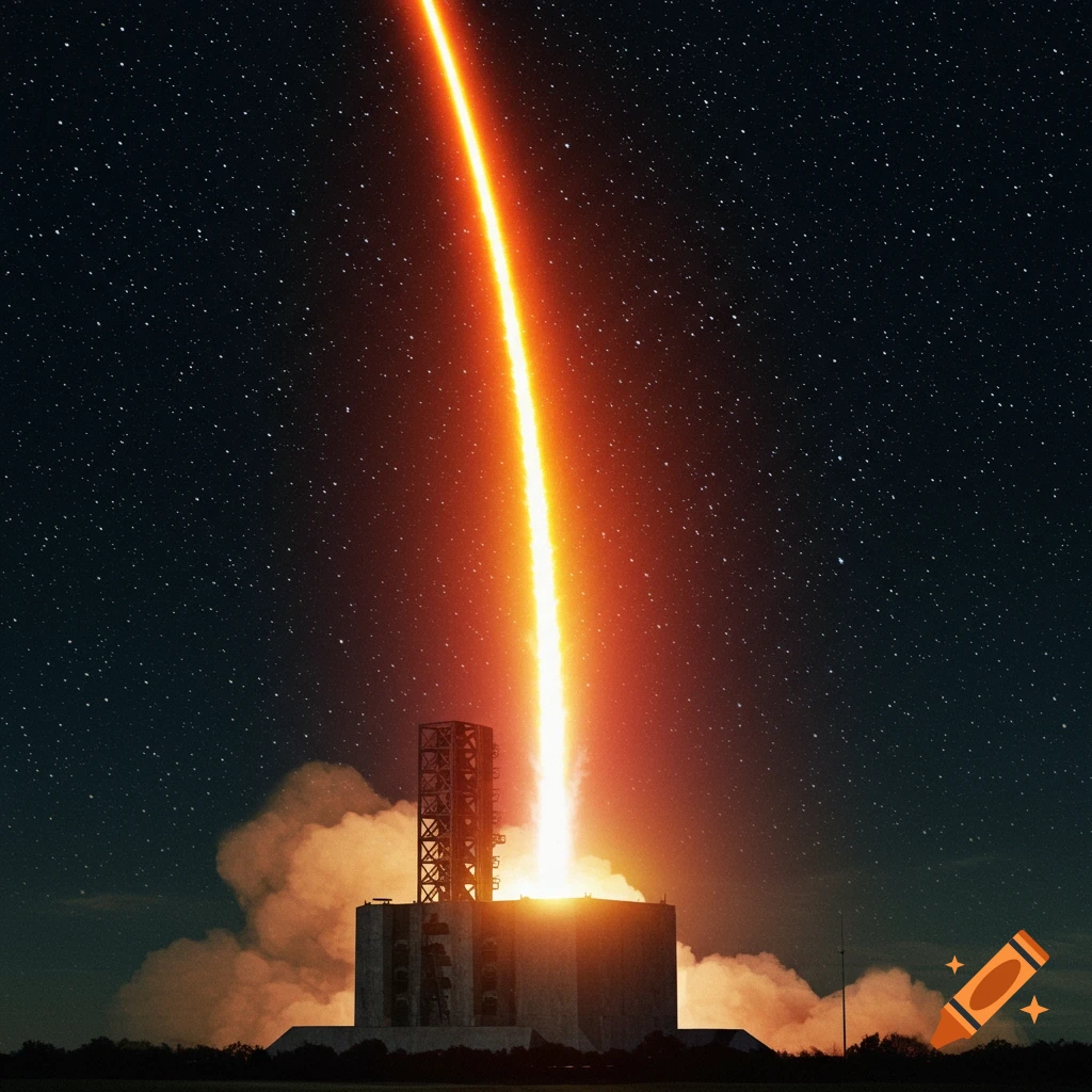 A fiery red streak blasts upward from a launch structure into a starry ...