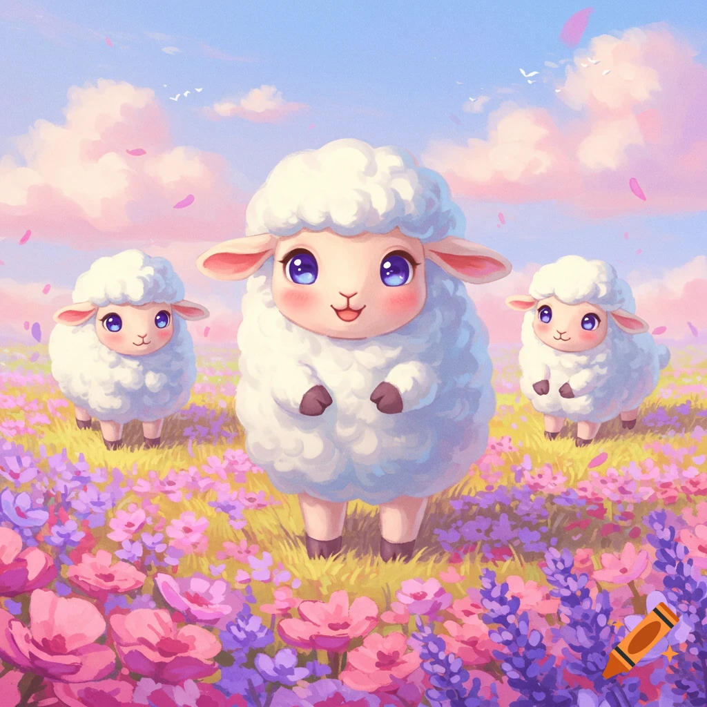 Three cute chibi sheep stand in a field of pink and purple flowers under a pastel sky. on Craiyon