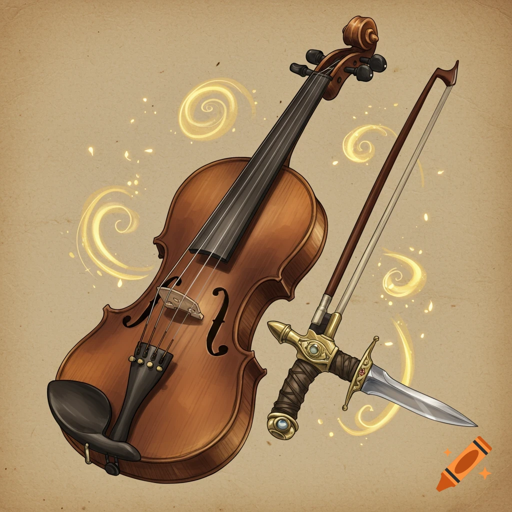An old drawing of a violin and a short sword with gold swirling accents ...