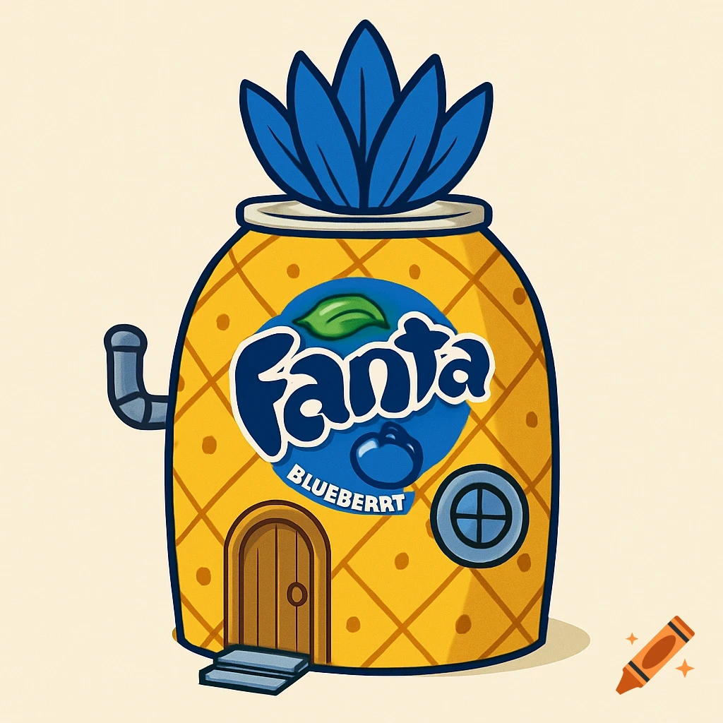 A cartoon illustration of a pineapple house styled like a Fanta ...