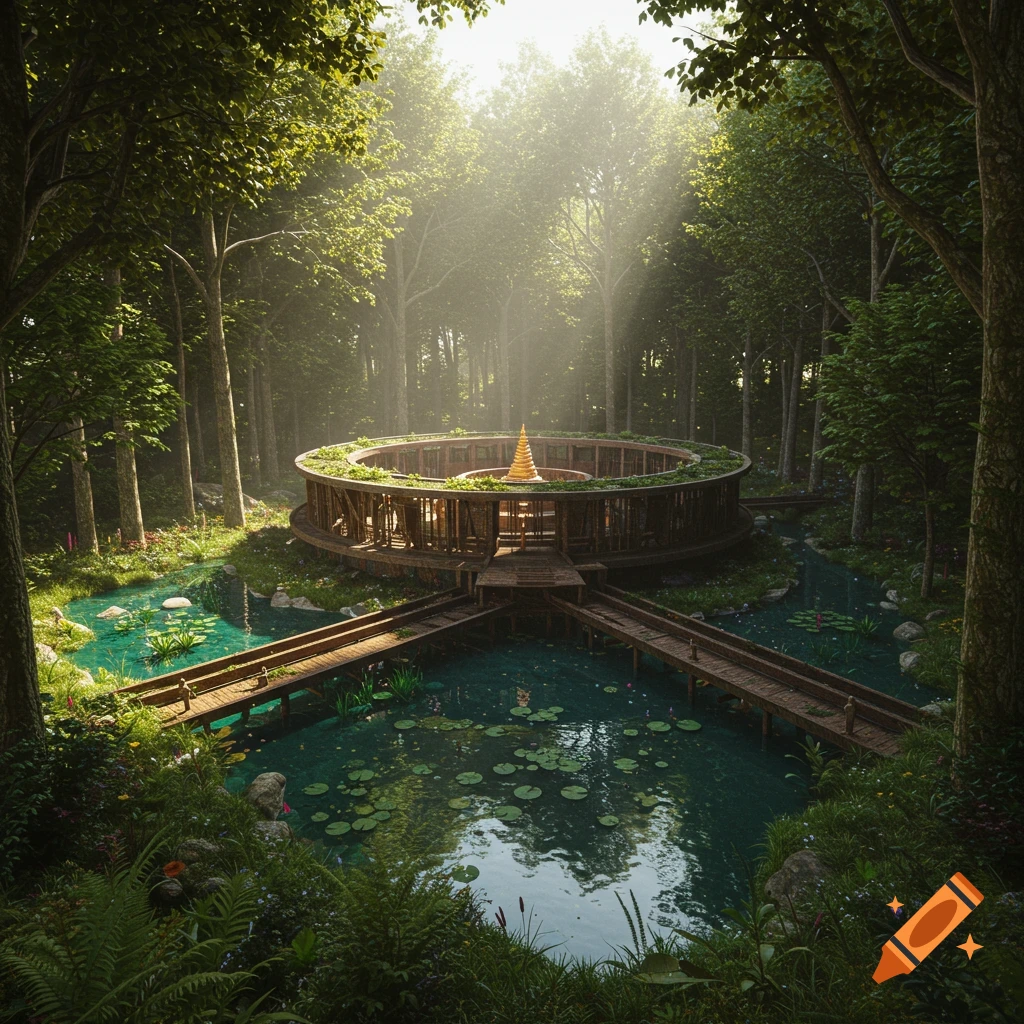 Circular temple surrounded by ponds and forest, illuminated by sunlight ...