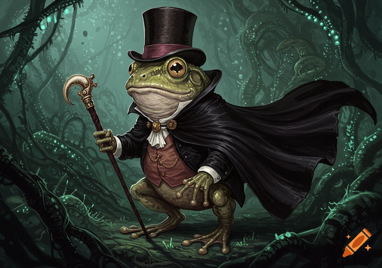 A frog in a top hat, cape, and holding a cane stands in a dark, organic ...