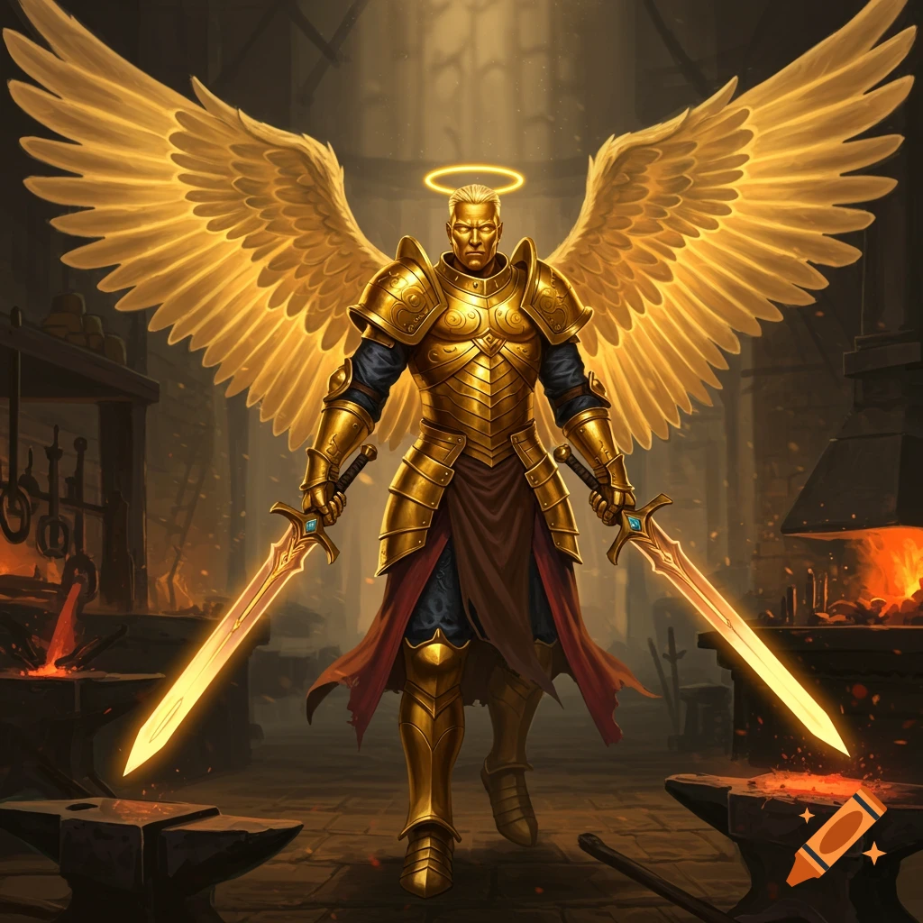 A golden armored angel with large wings stands in a forge holding two ...