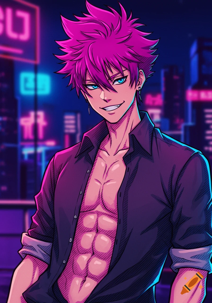 Anime boy with pink hair and open shirt revealing abs in a neon city ...