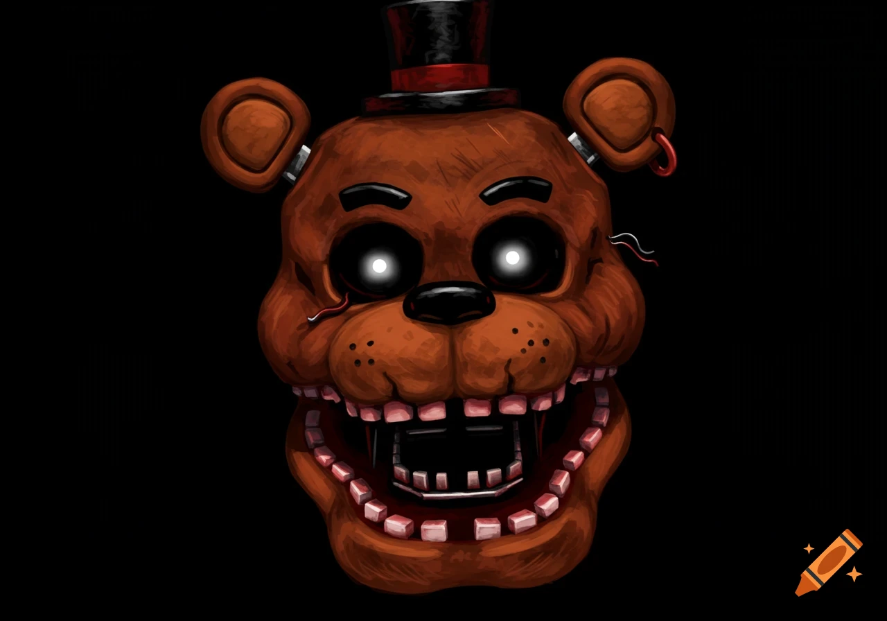 Illustration of a distorted Freddy Fazbear face with glowing eyes and ...