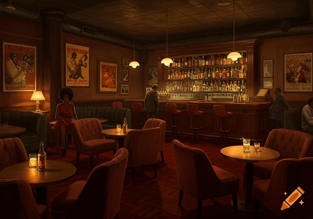 Interior of a dimly lit jazz bar with patrons seated at tables and the ...